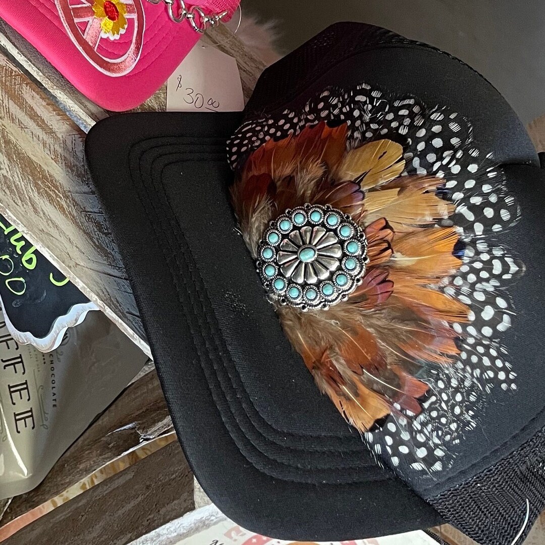 Feather Trucker Hat. Feather Trucker Hat for Women. Trendy Hat. Trucker ...