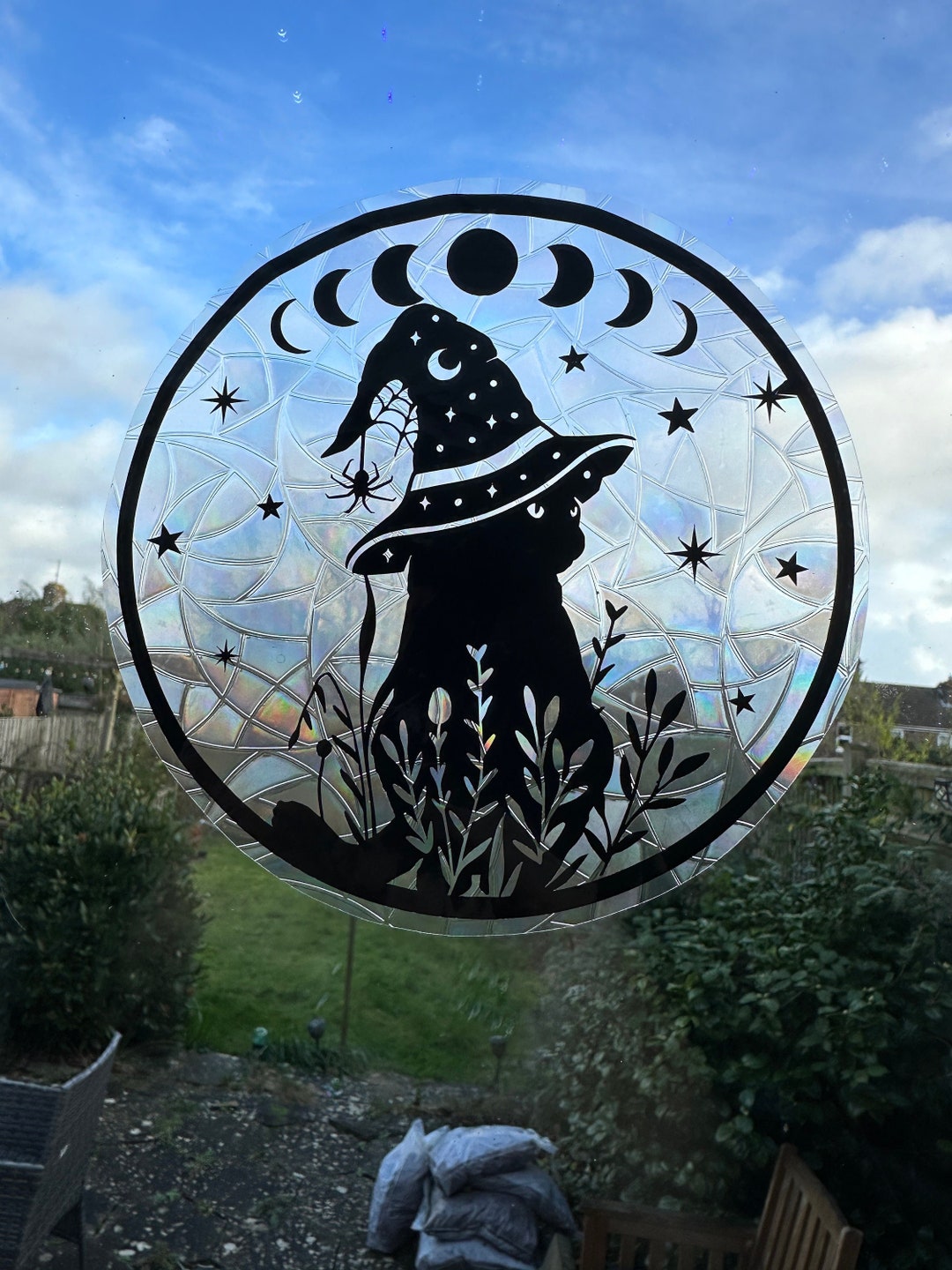 Witches Cat Suncatcher Window Sticker, Removable Rainbow Window Cling ...