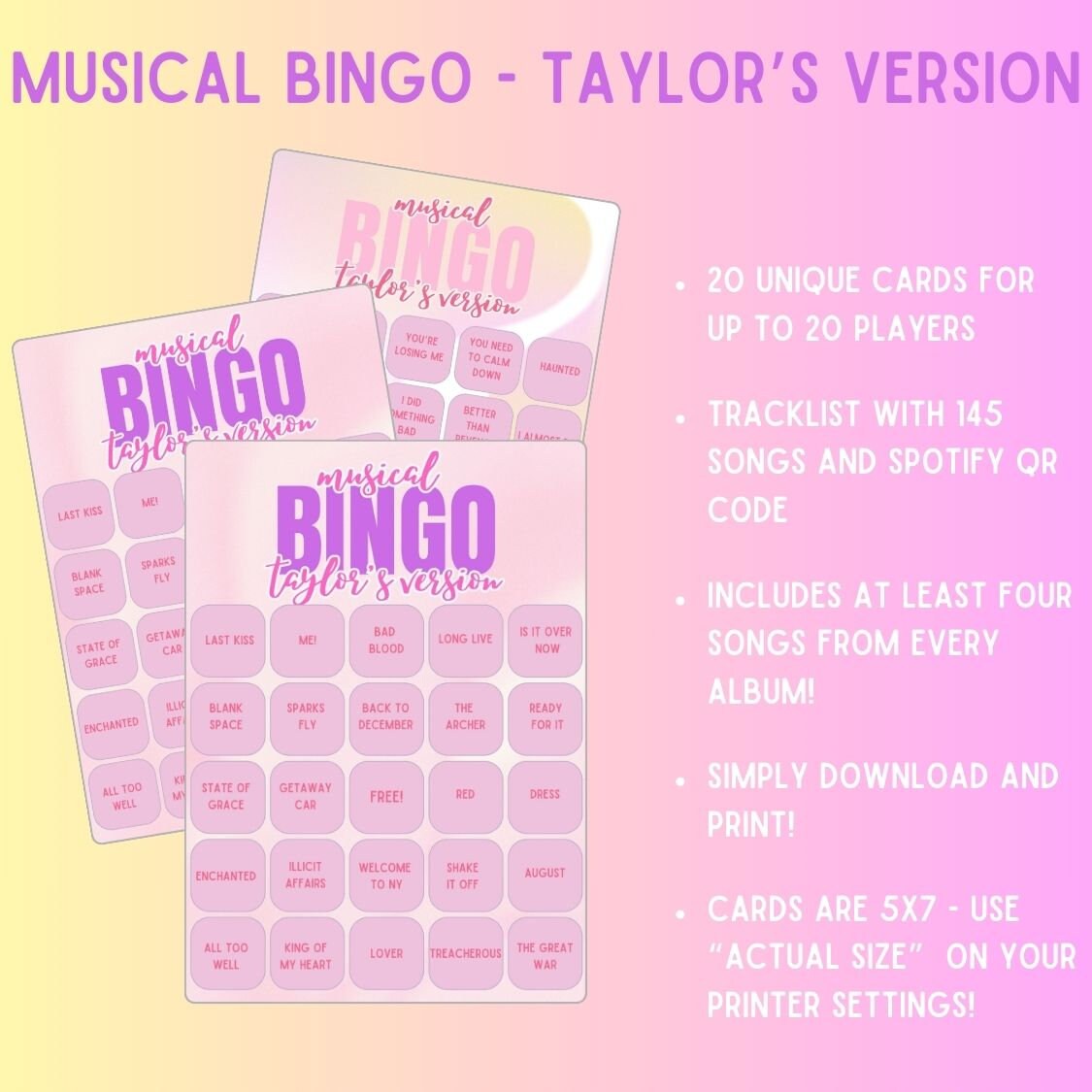 Taylor Swift Party Games Music Bingo Taylor's Version Swifty Party ...