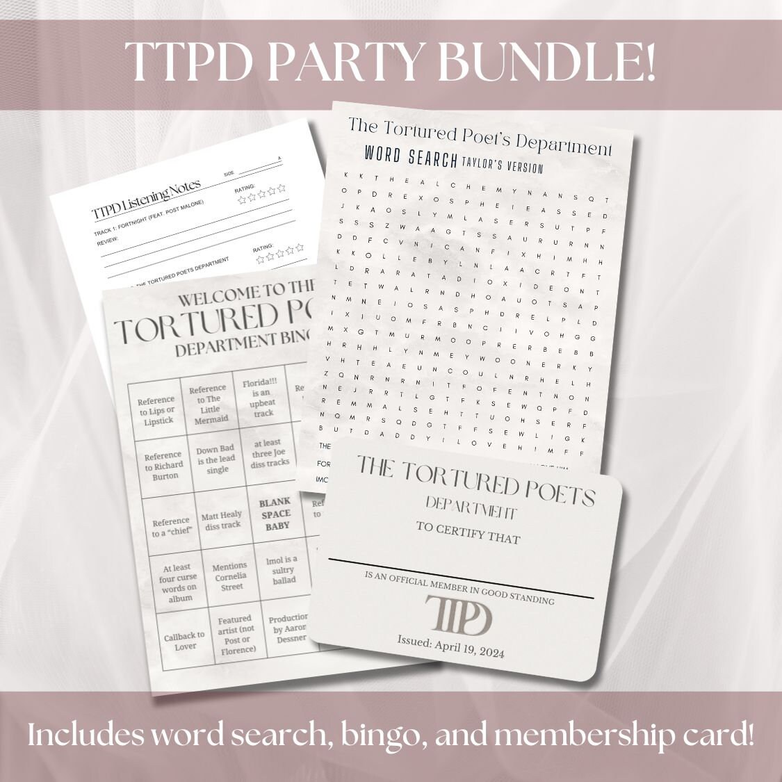 TTPD Printable Party Bundle the Tortured Poets Department Games Bingo ...