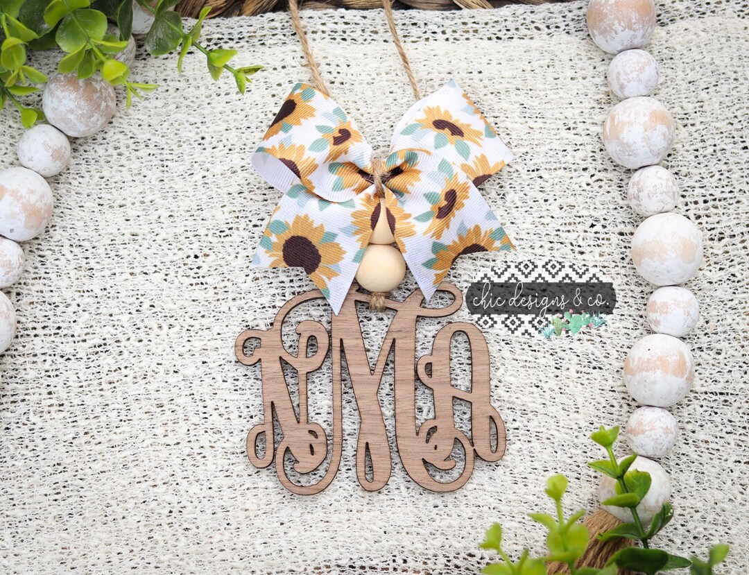 Wooden Monogram Car Charm With Sunflower Bow, Monogram Car Charm, Charm ...