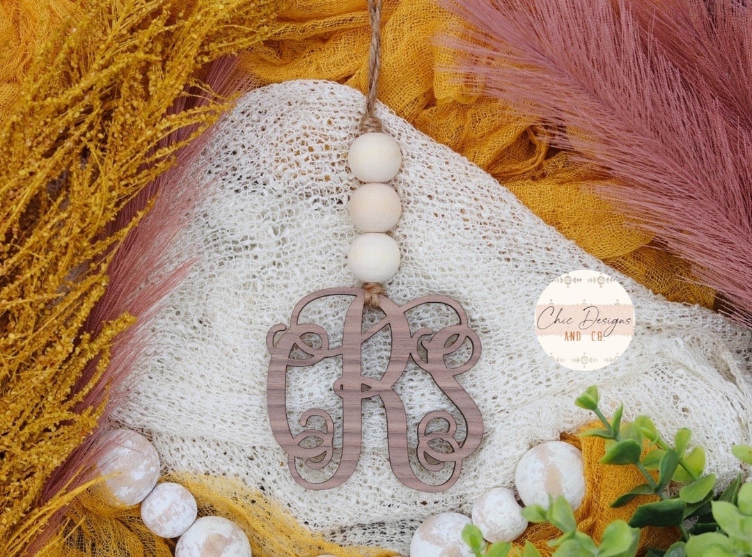 Wooden Monogram Car Charm With Wood Beads, Monogram Car Charm, Monogram ...