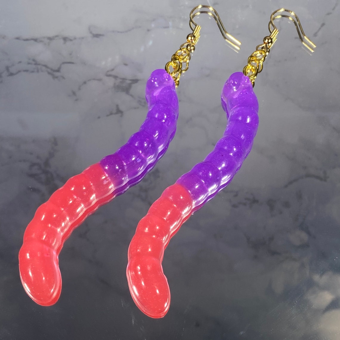 Pink/purple Gummy Worm Resin Earrings | Etsy