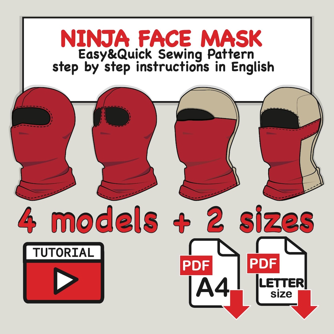 Ninja Face Mask Sewing Pattern: 4 Models, 2 Sizes (PDF Digital Download ...