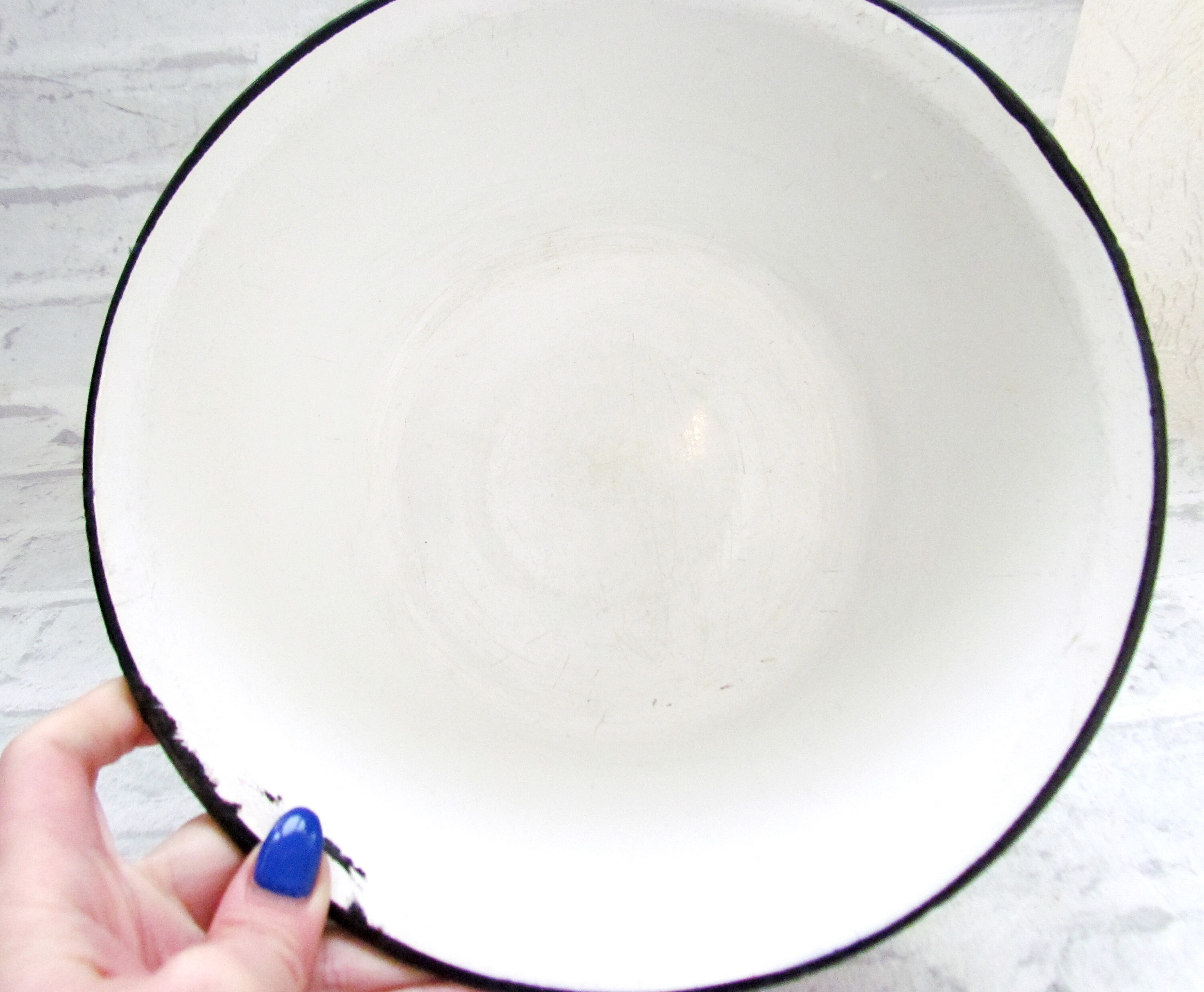 LARGE Enamel Bowl WHITE Enamelware Enamel Dish Primitive Bowl Rustic ...