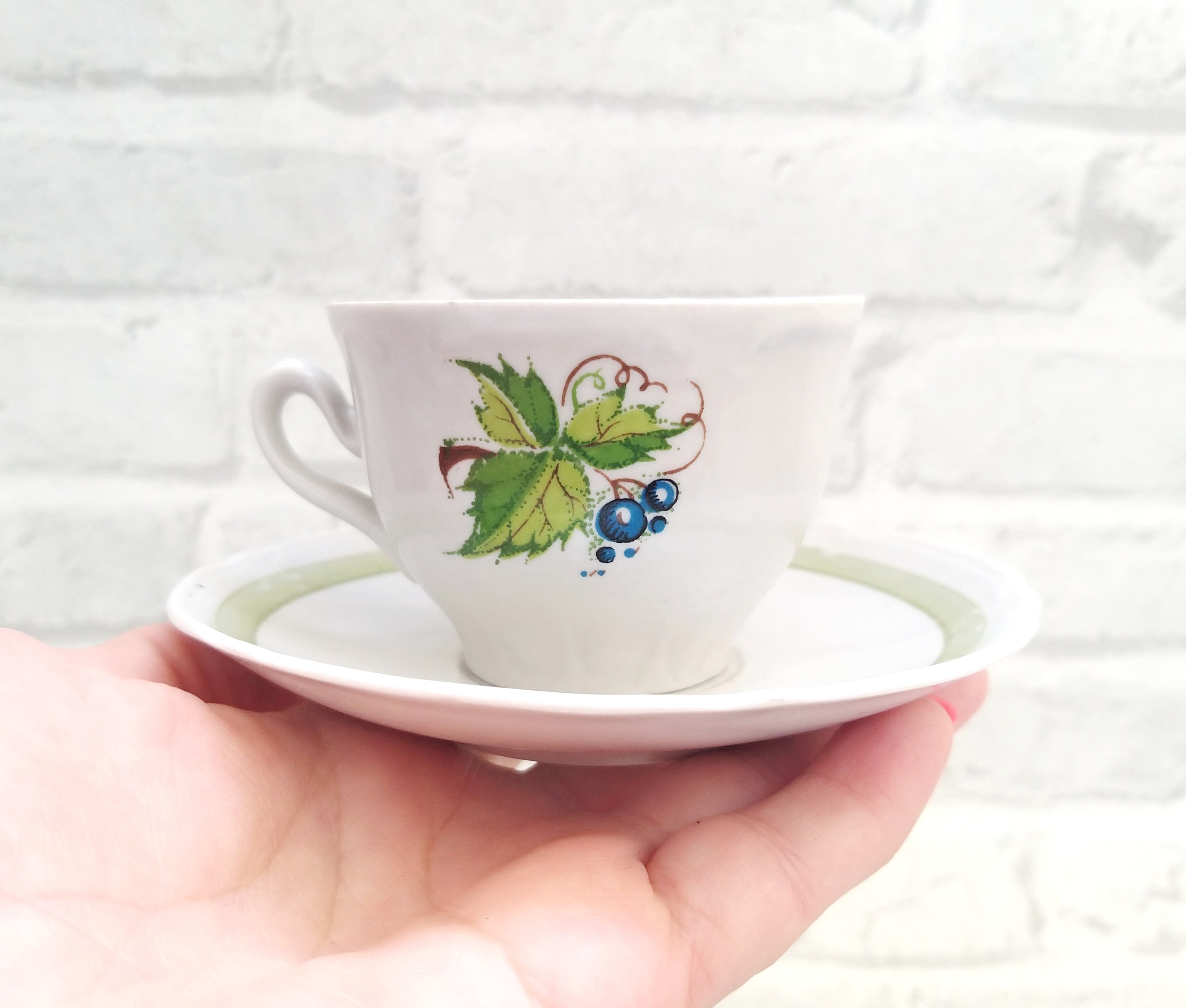Coffee Mug Grape Print White Tea Cups With Saucer Vintage Espresso Mug ...