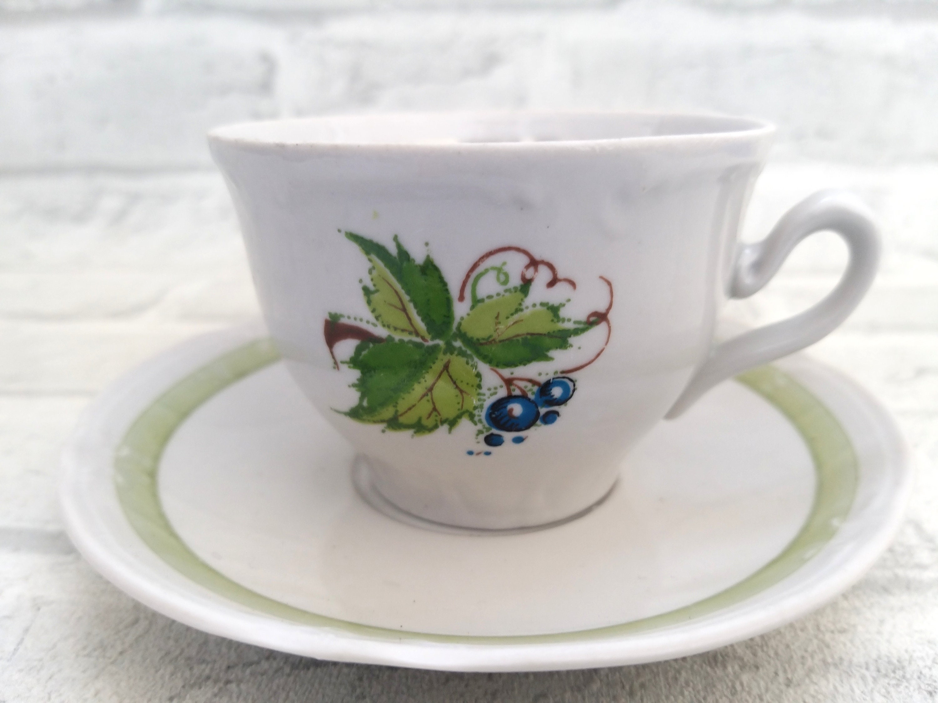 Coffee Mug Grape Print White Tea Cups With Saucer Vintage Espresso Mug ...