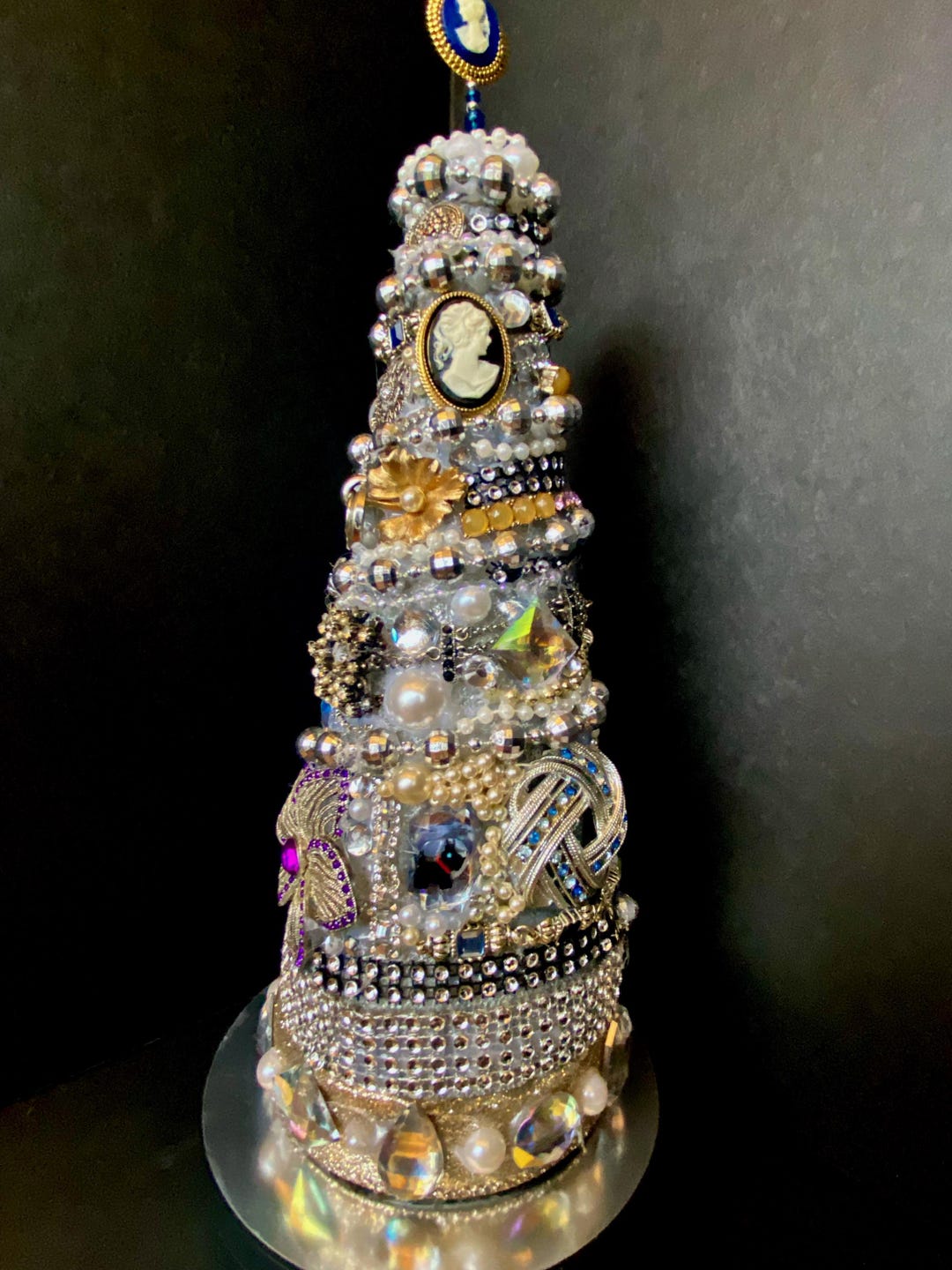 Jeweled Holiday Tree, Silver Painted Cone, Vintage Jewelry Decor - Etsy