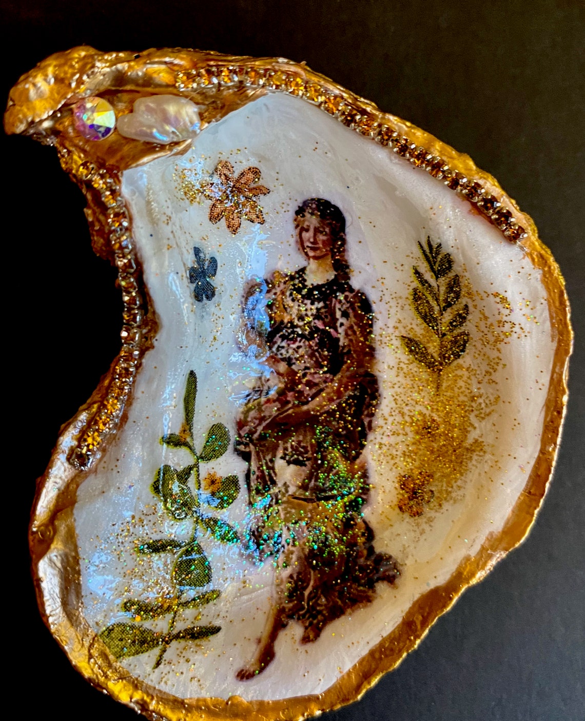 Decoupaged Oyster Shell Trinket Dish: Spring Goddess Flora, Pearl ...