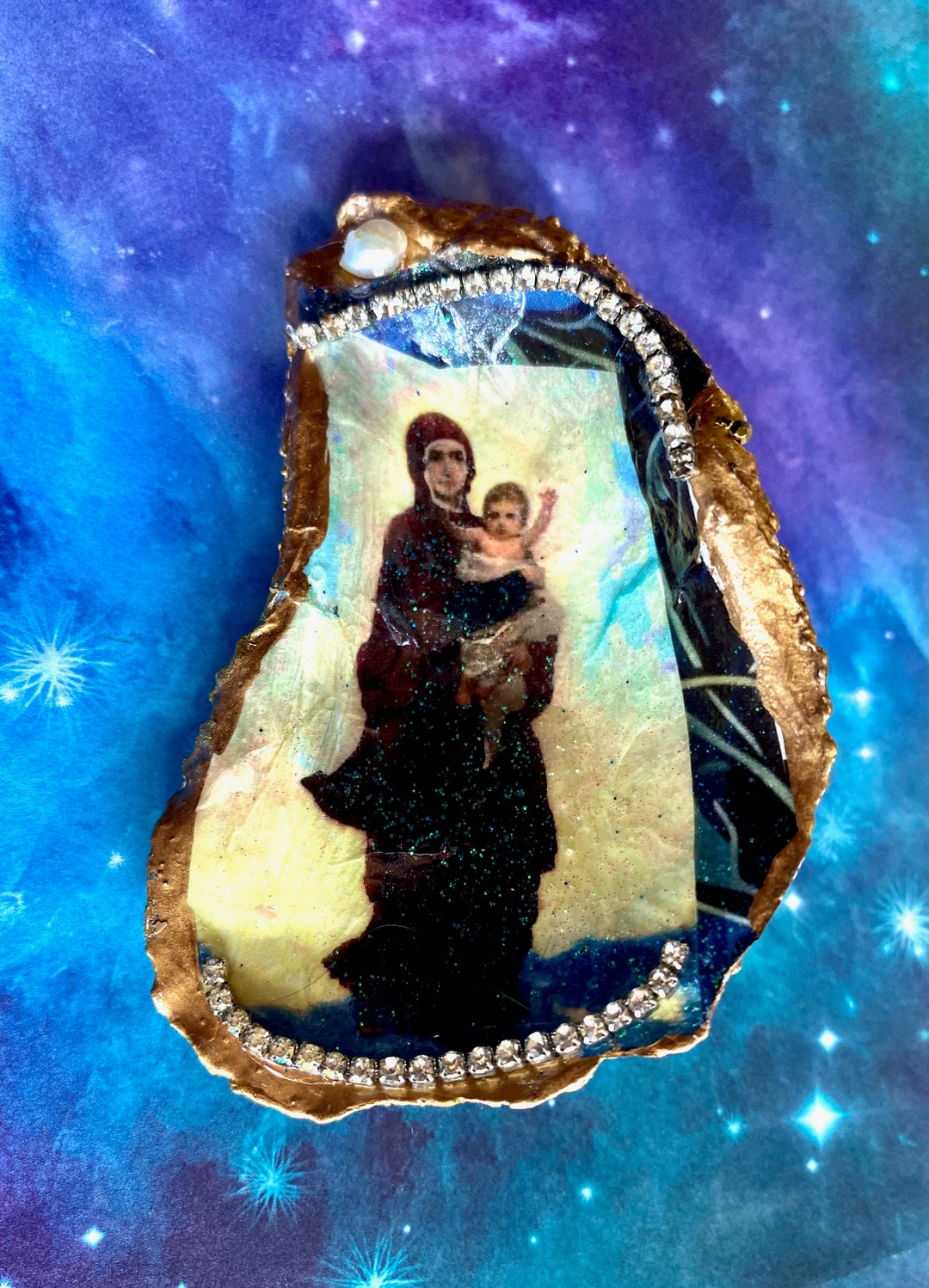 Virgin Mary Shell, Oyster Shell, Jewelry Dish, Trinket Dish, Decoupaged ...
