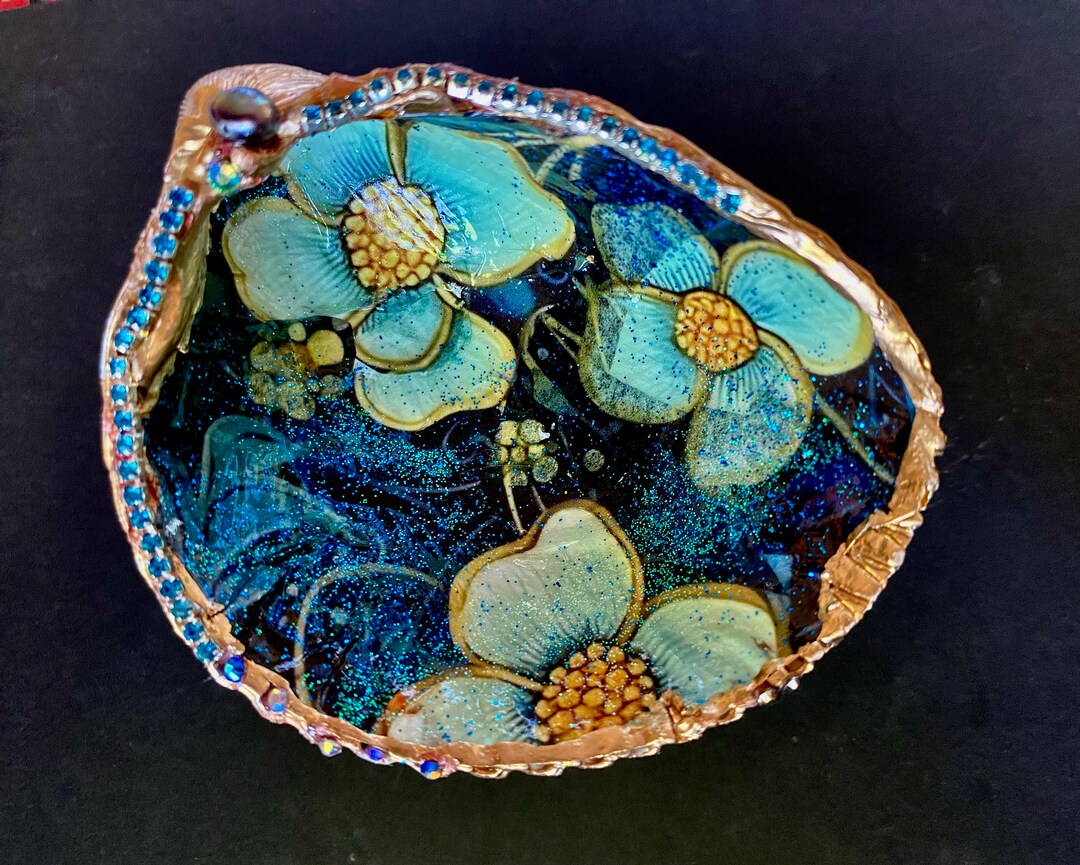 Night Florals Clam Shell, Jewelry Dish, Trinket Dish, Decoupaged Shell ...