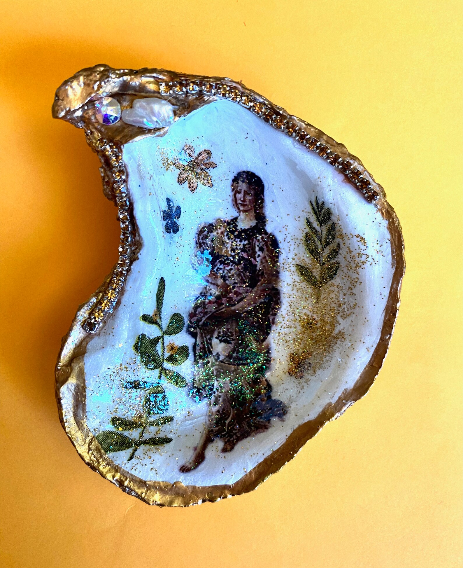 Decoupaged Oyster Shell Trinket Dish: Spring Goddess Flora, Pearl ...