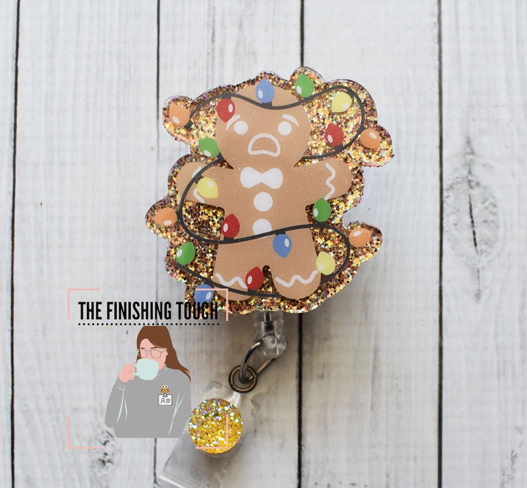 Tangled Gingerbread Man Acrylic Badge Reel | Glitter Resin ID Holder ...