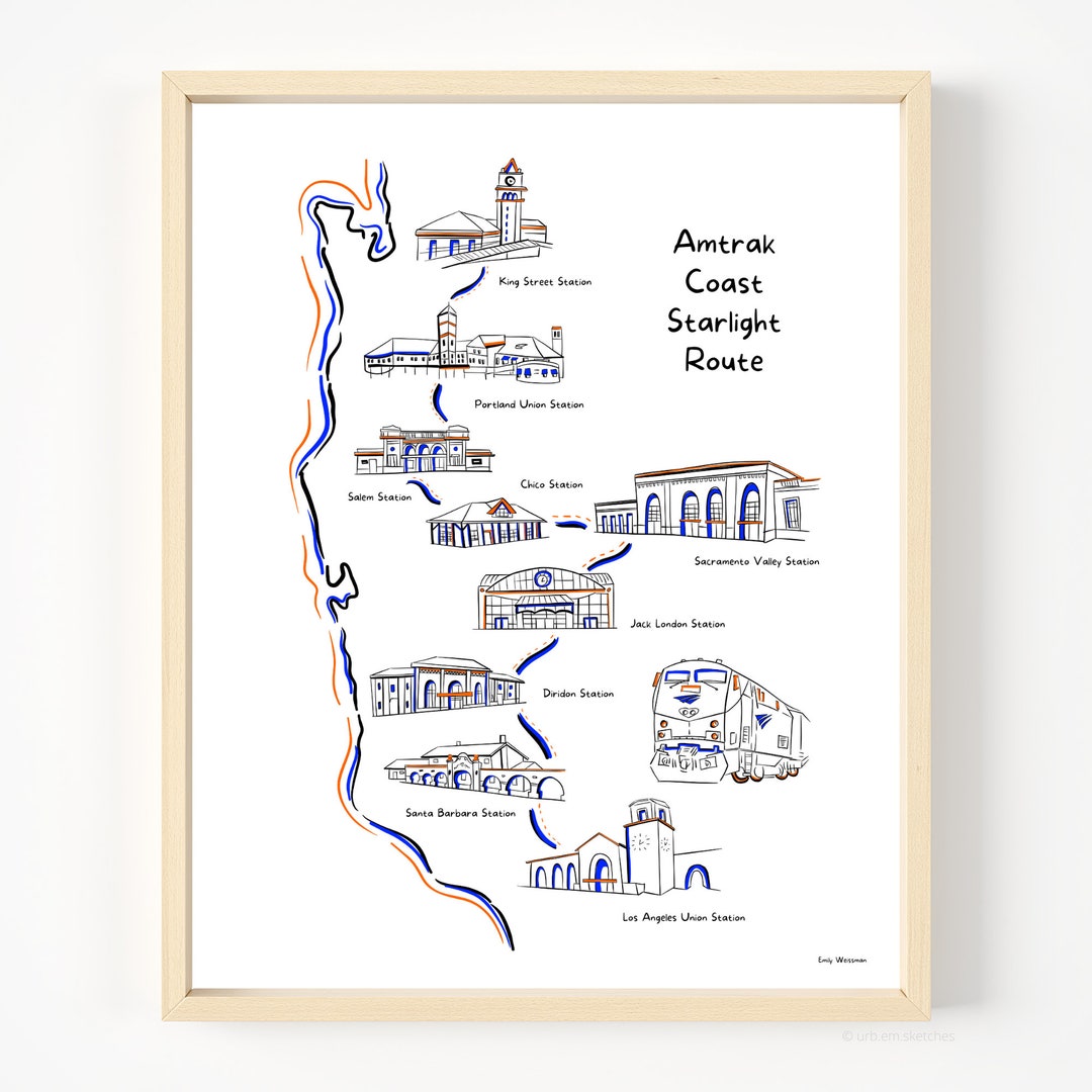 Amtrak Coast Starlight Route Map: Illustrated Train Travel Art Print - Etsy