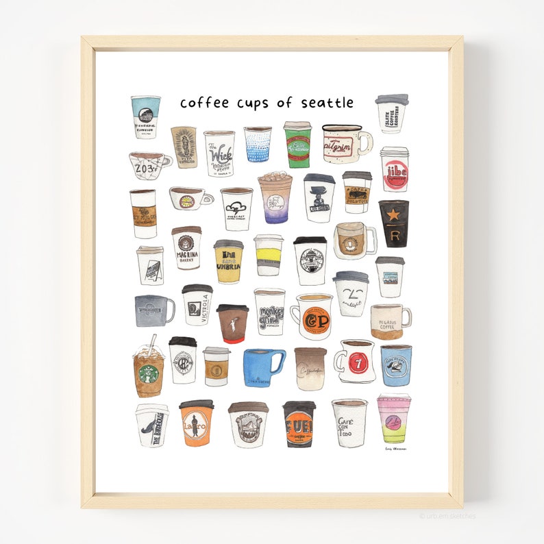 Coffee Cups of Seattle | Art Print of Original Watercolor Painting - Etsy