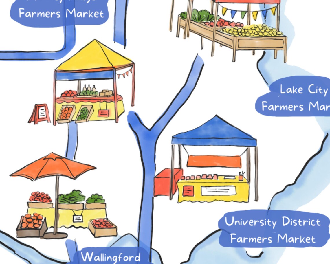 Farmers Markets of Seattle Illustrated Map | Fine Art Print of Original ...