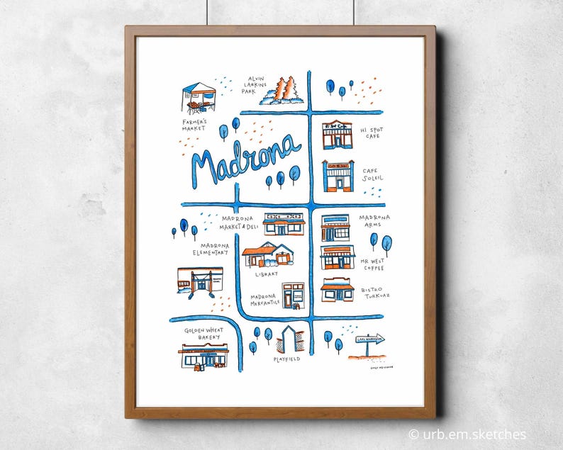 Madrona Seattle Illustrated Neighborhood Map | Art Print of Original ...