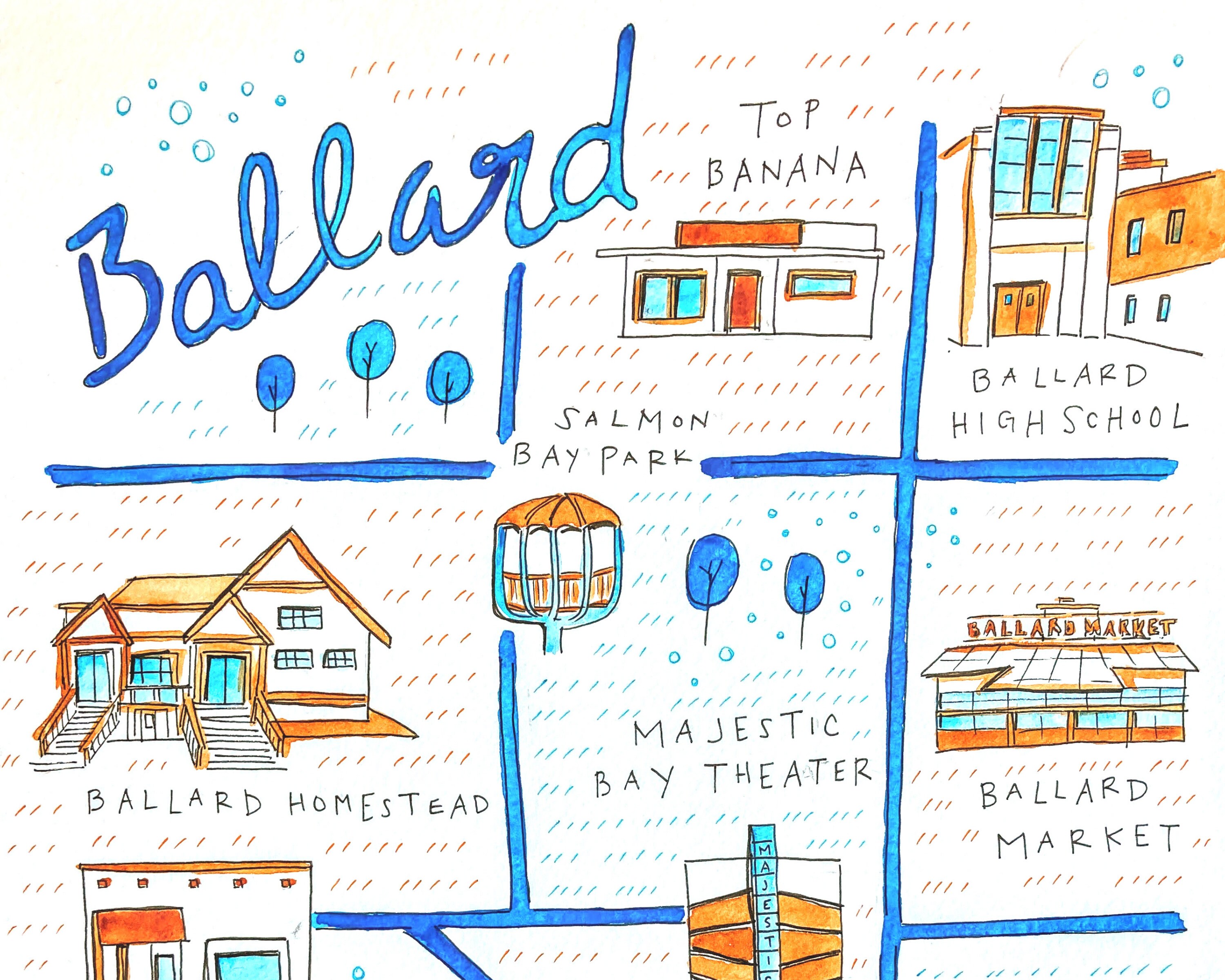 Ballard Seattle Neighborhood Map 9x12 Print of Original | Etsy