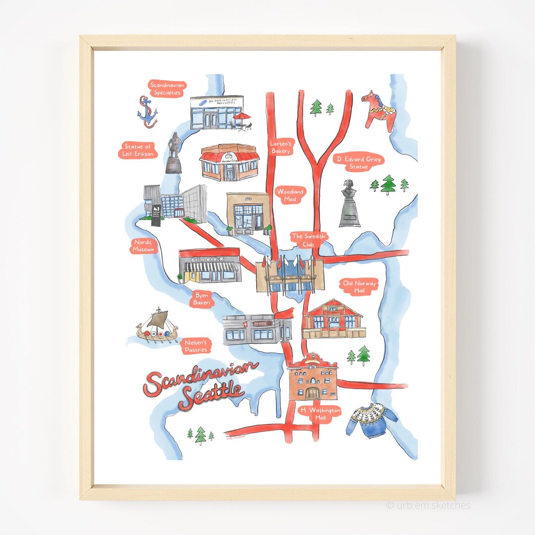 Scandinavian Seattle Illustrated Map | Fine Art Print of Original ...