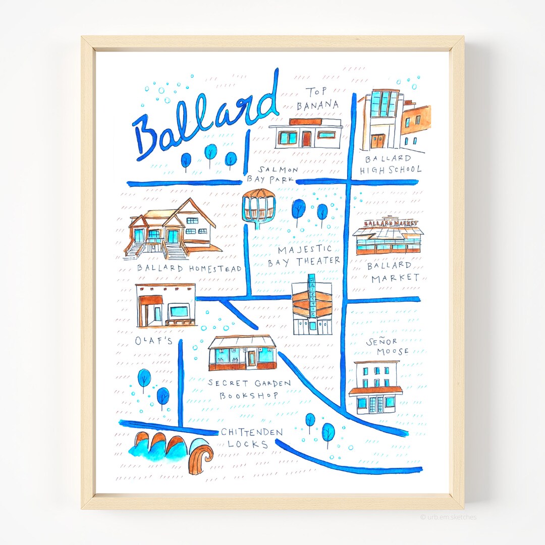 Ballard Seattle Illustrated Neighborhood Map | Art Print of Original ...