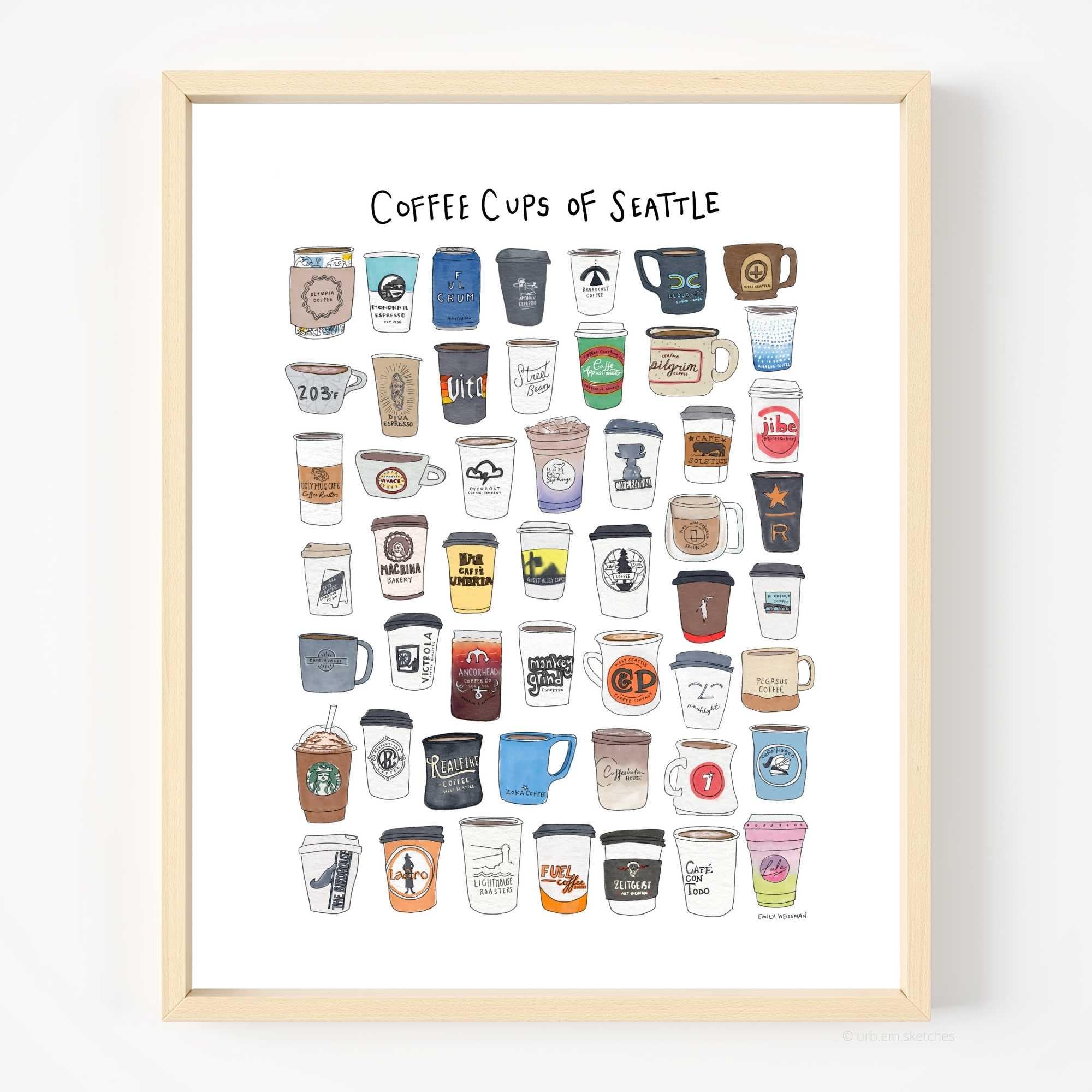 Coffee Cups of Seattle | Art Print of Original Watercolor Painting - Etsy