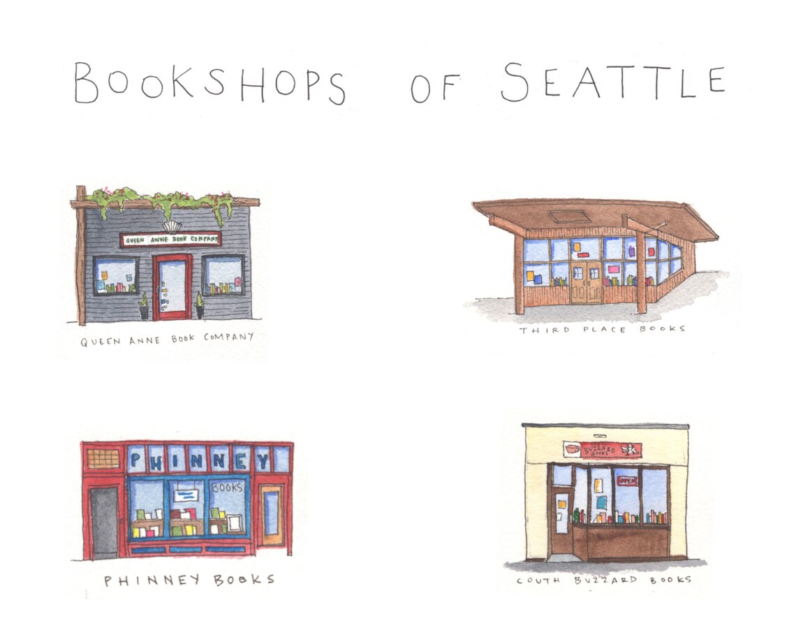 Bookshops of Seattle Watercolor Print Favorite Seattle - Etsy