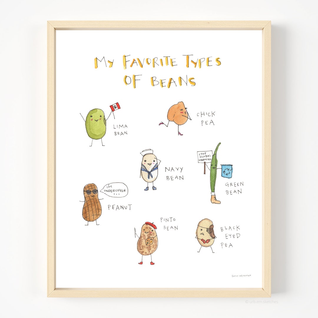 My Favorite Beans | Quirky Kitchen Art | Funny Hand-painted Watercolor ...