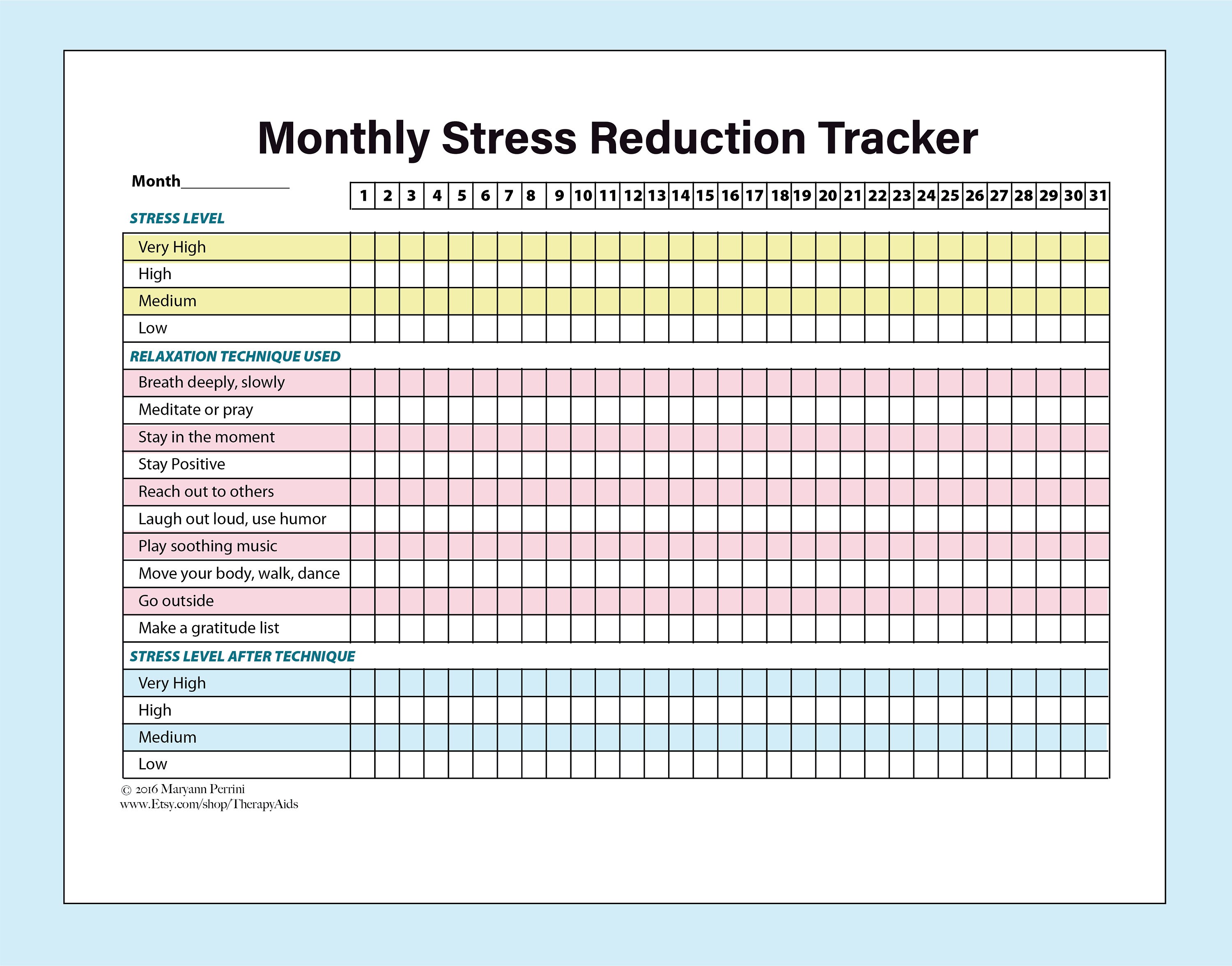 Printable Stress Reduction Tracker With 10 Relaxation Techniques - Etsy