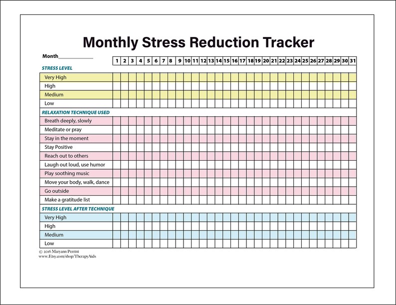 Printable Stress Reduction Tracker with 10 Stress Relief | Etsy