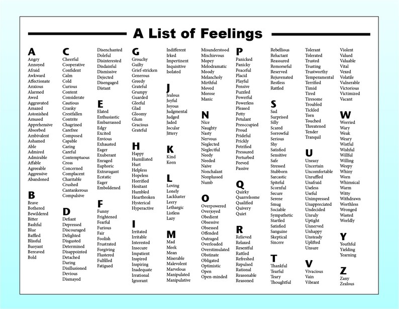 Printable List Of Feelings Etsy