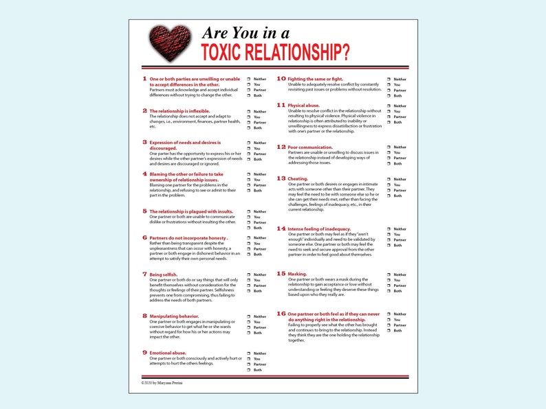 Toxic Relationship Checklist/questionnaire - Etsy