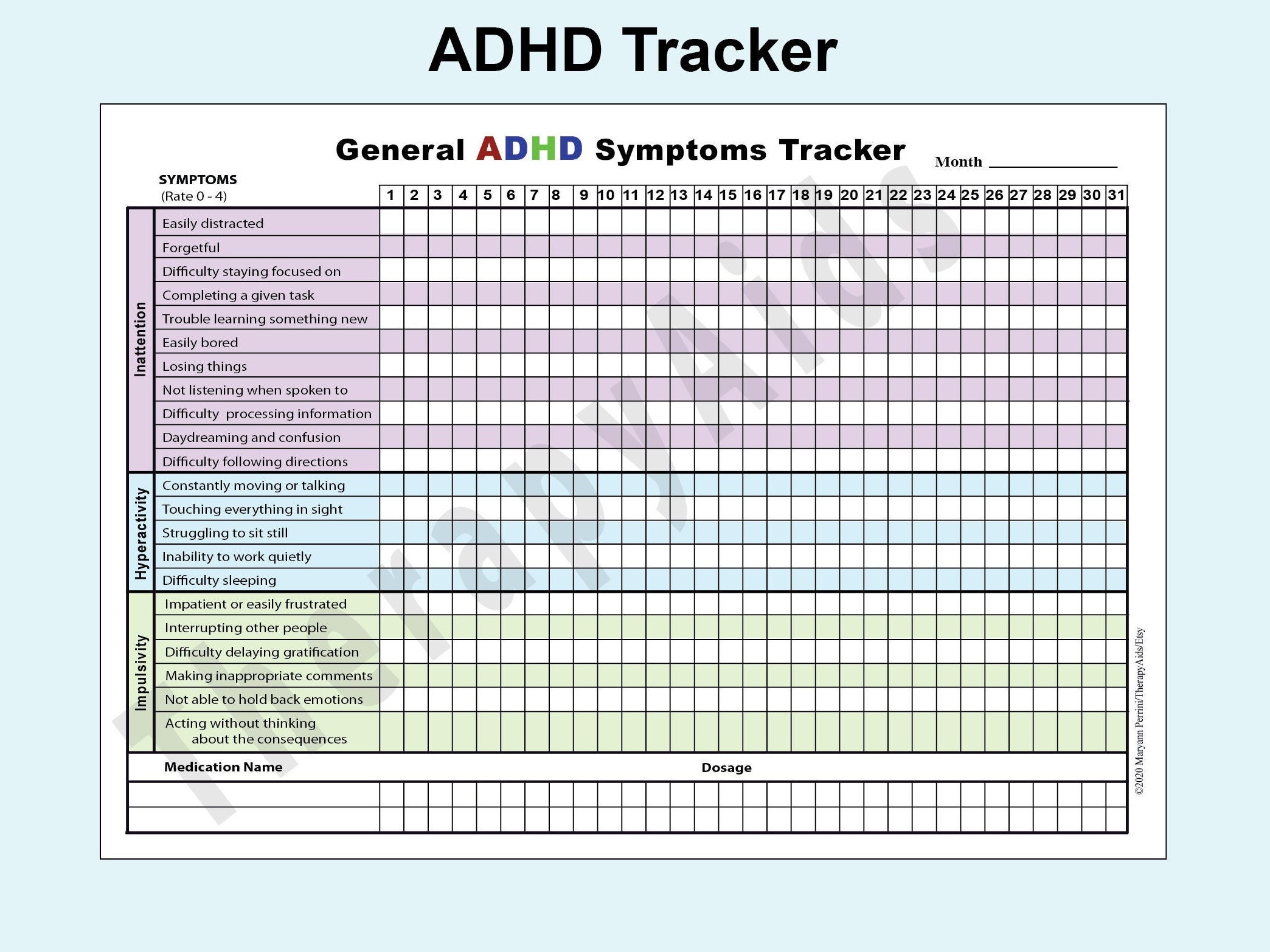 ADHD Symptoms and Medication Tracker, Letter and A4 - Etsy