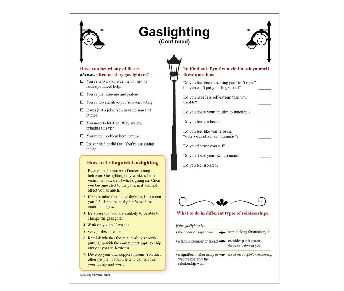 Gaslighting in Relationships With Questionnaire Printable A4 and Ltr ...