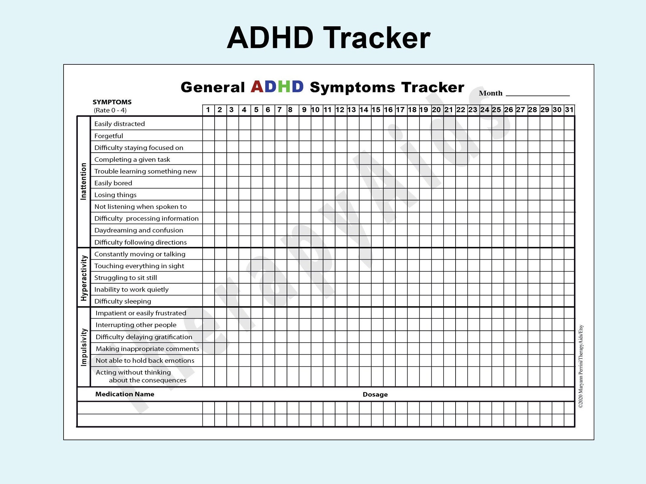 ADHD Symptoms and Medication Tracker, Letter and A4 - Etsy