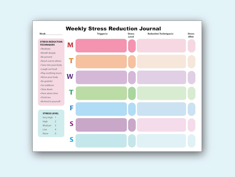 Weekly Stress Tracker With Reduction Techniques Worksheet - Etsy