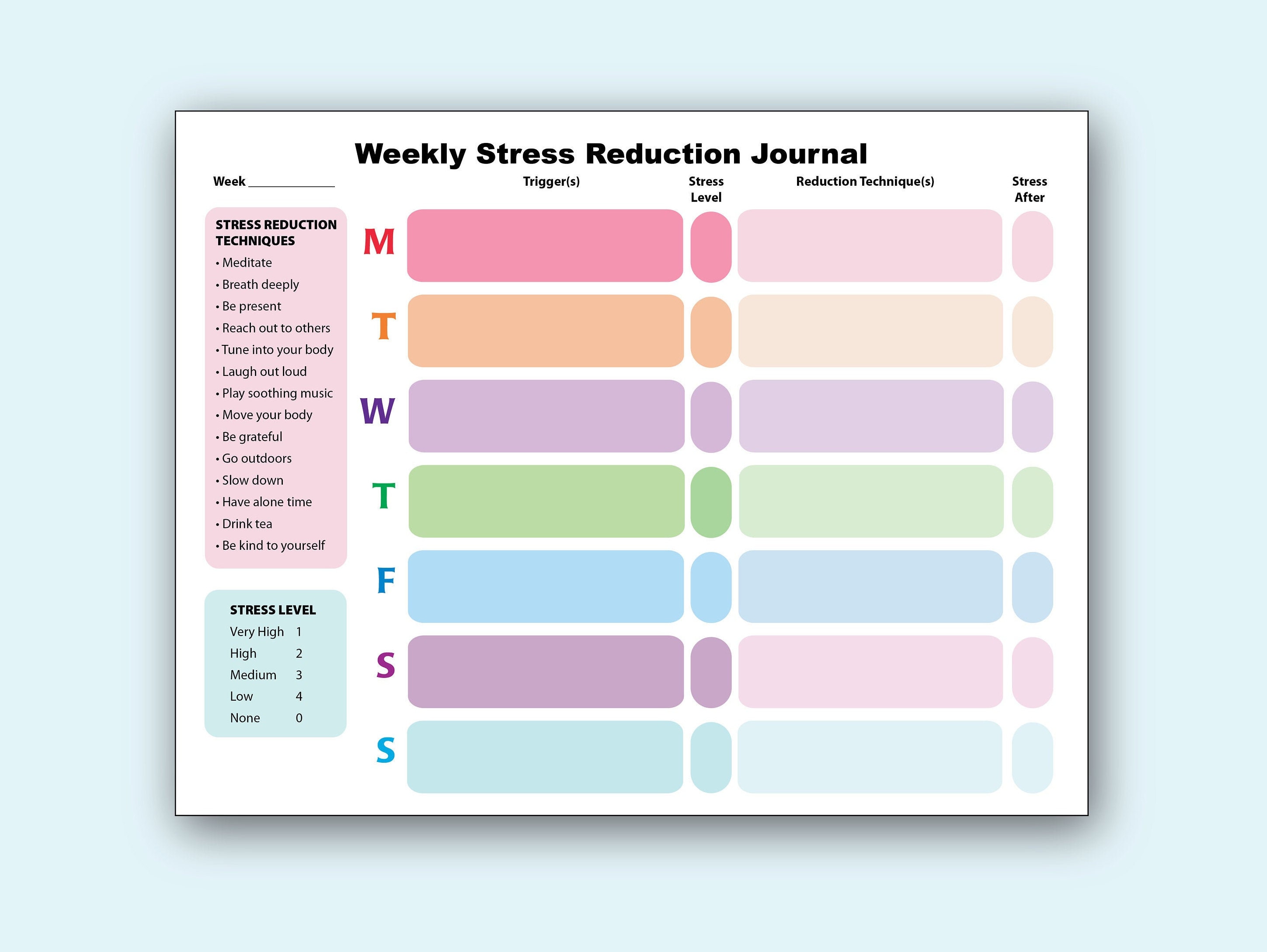 Printable Weekly Stress Tracker with Reduction Techniques | Etsy