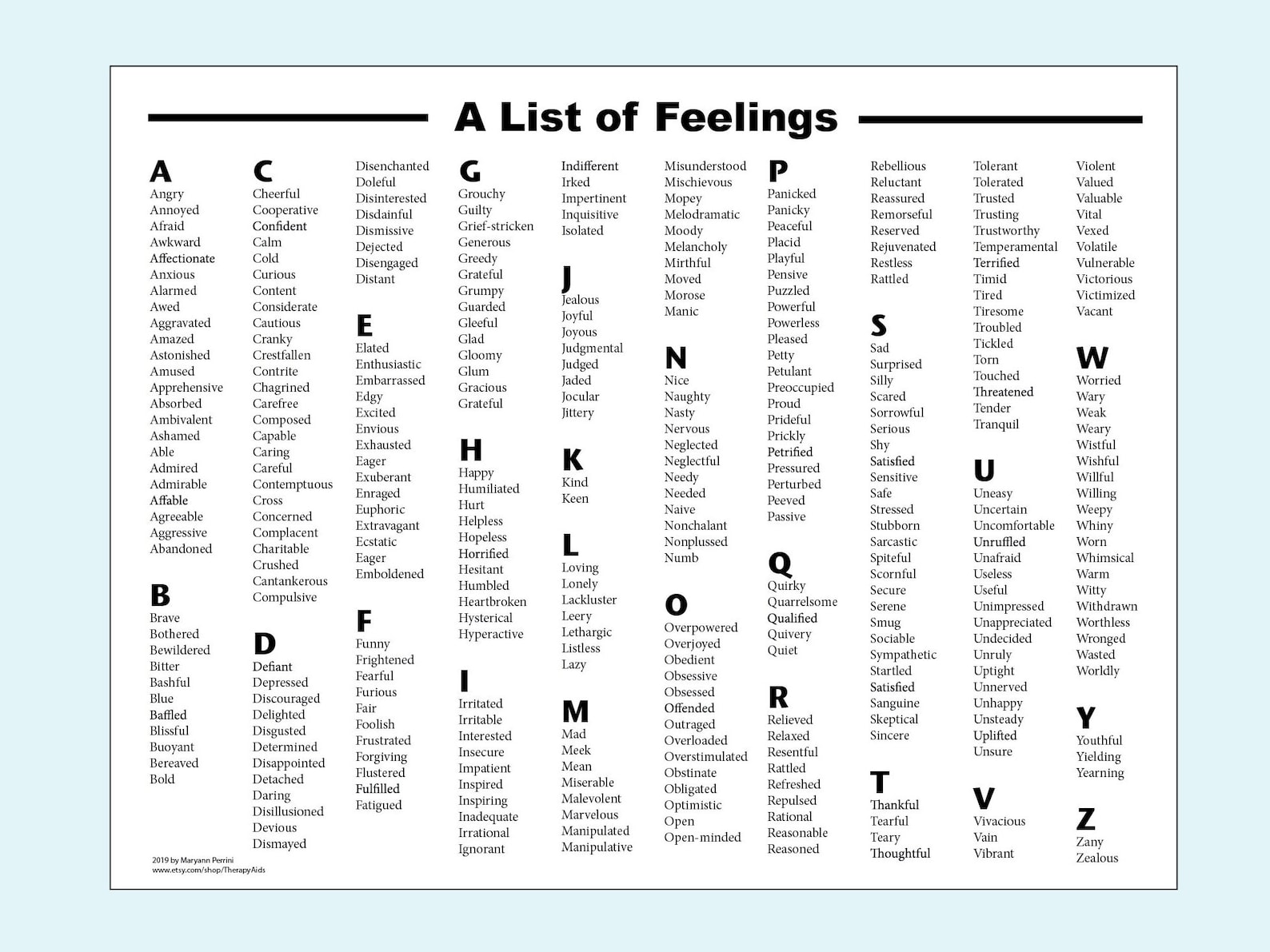 List of Feelings Printable - Etsy Australia