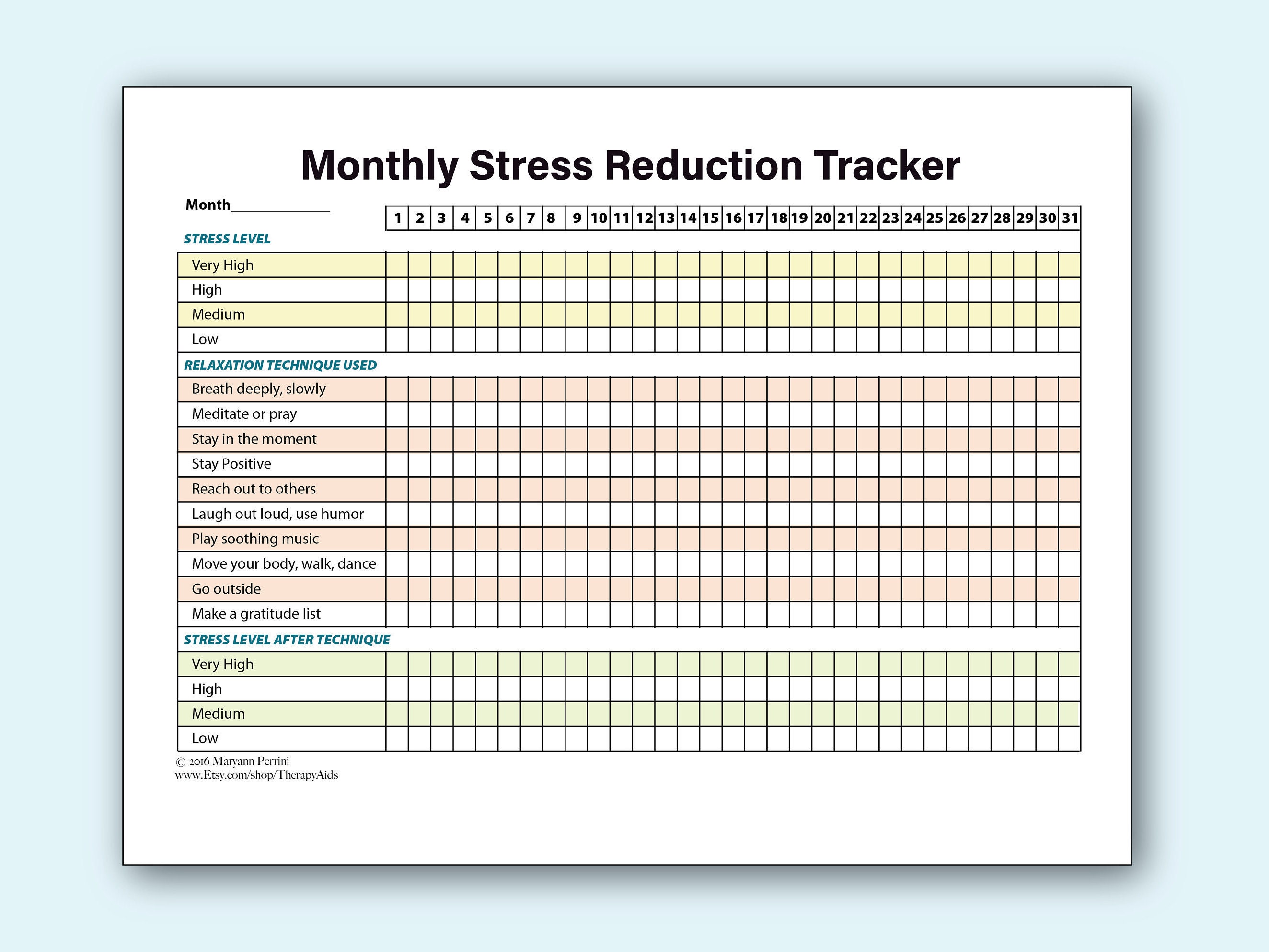 Printable Stress Reduction Tracker With 10 Stress Relief Techniques - Etsy
