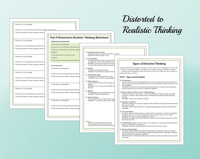 Distorted to Realistic Thinking Printable 4 Page Worksheet - Etsy