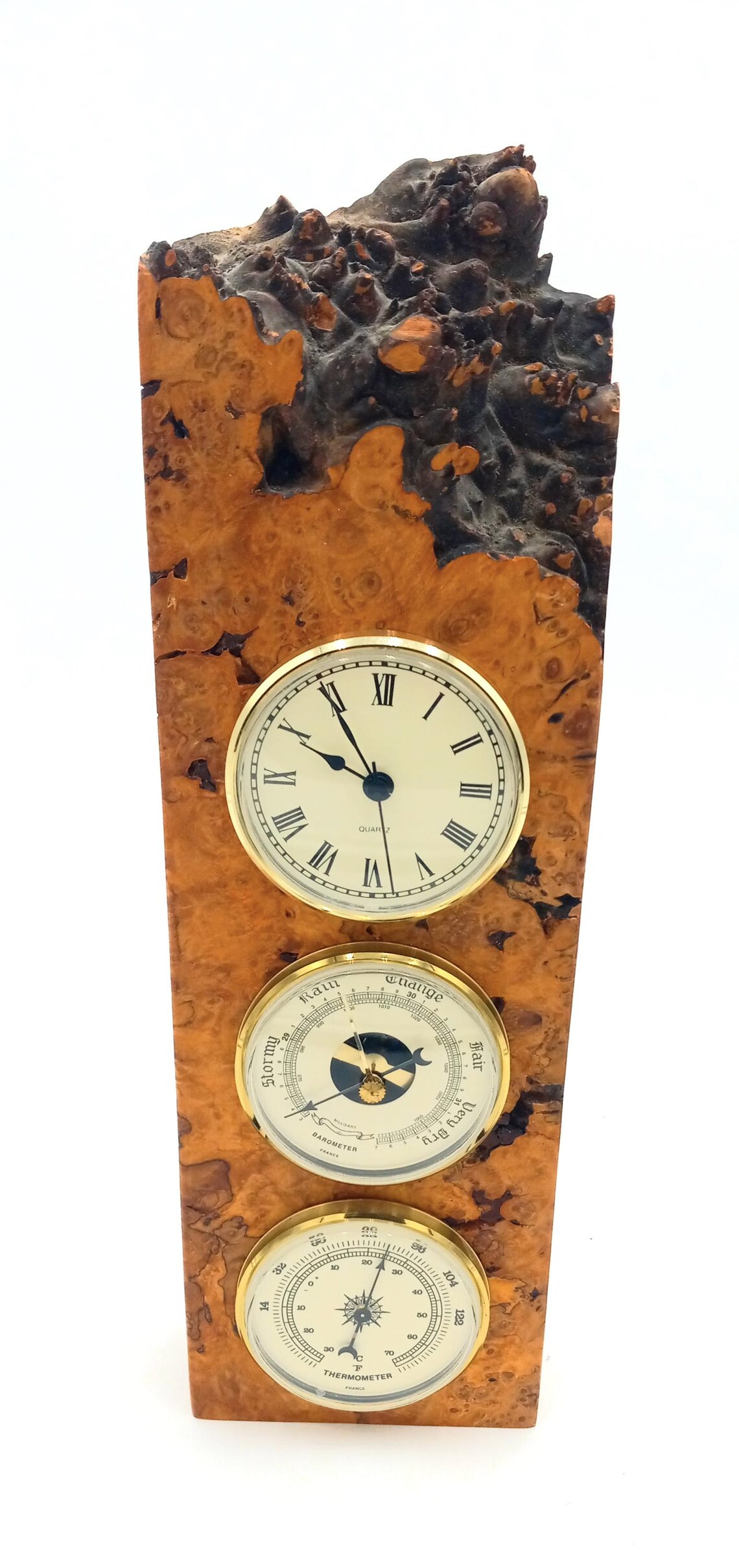 Charles Elkan Signed Burl Wood Barometer With Clock and Thermometer ...