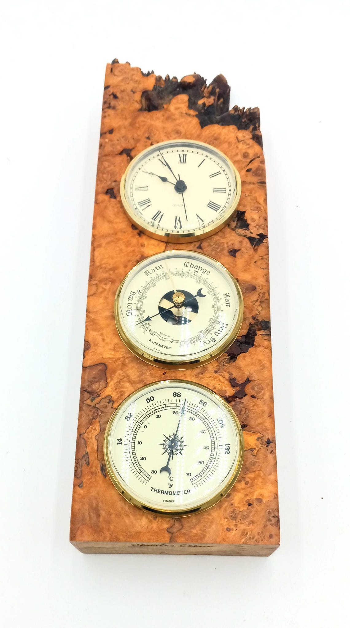 Charles Elkan Signed Burl Wood Barometer With Clock and Thermometer ...