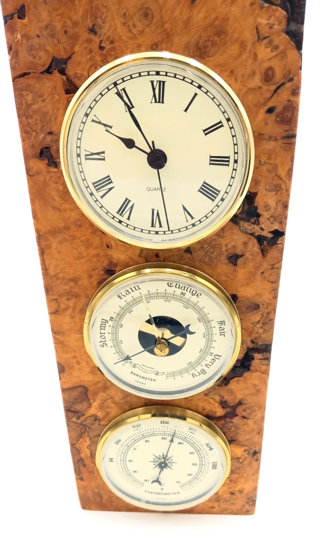 Charles Elkan Signed Burl Wood Barometer With Clock and Thermometer ...