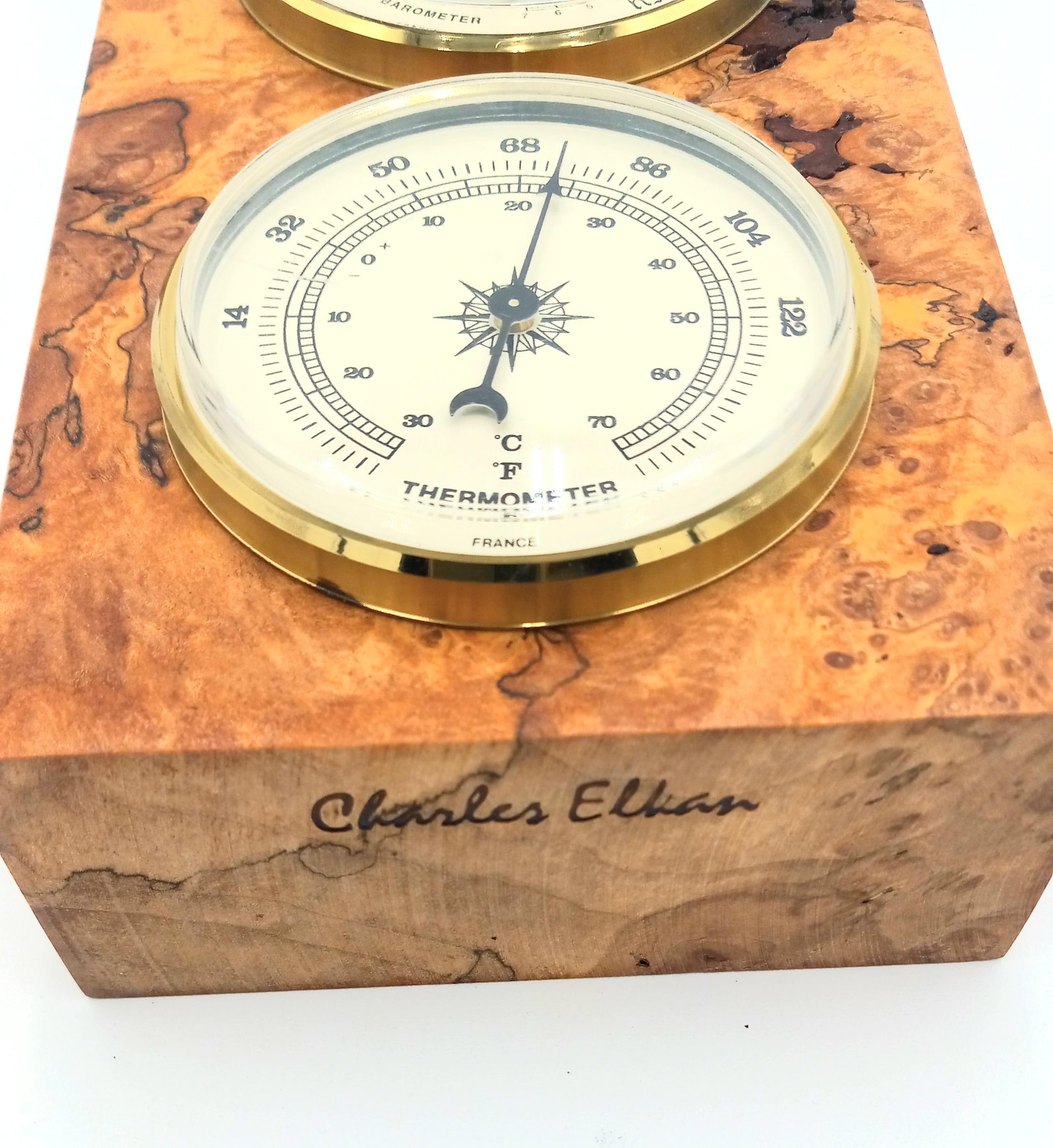Charles Elkan Signed Burl Wood Barometer With Clock and Thermometer ...