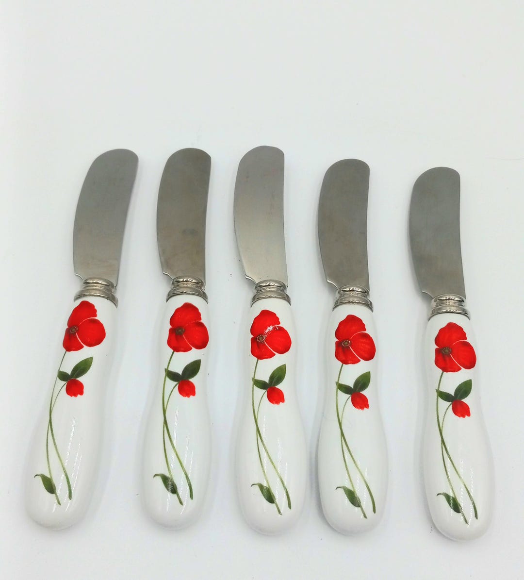 Porcelian 5pc. Canapés Knives With Red Poppies. Jelly Condement Server ...