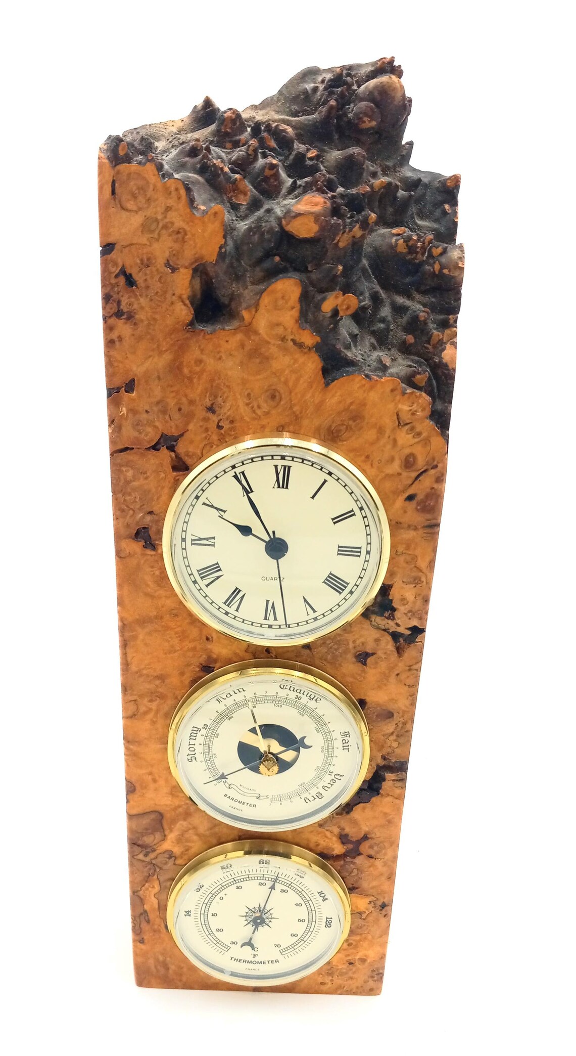 Charles Elkan Signed Burl Wood Barometer With Clock and Thermometer ...