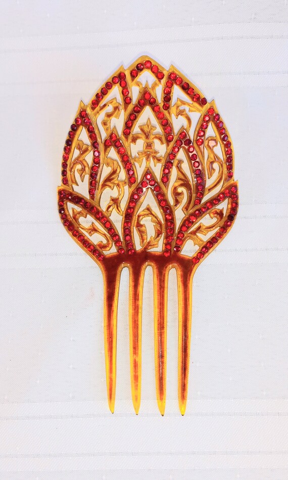 Victorian Curved Golden Amber Color with Red Rhinesto… - Gem