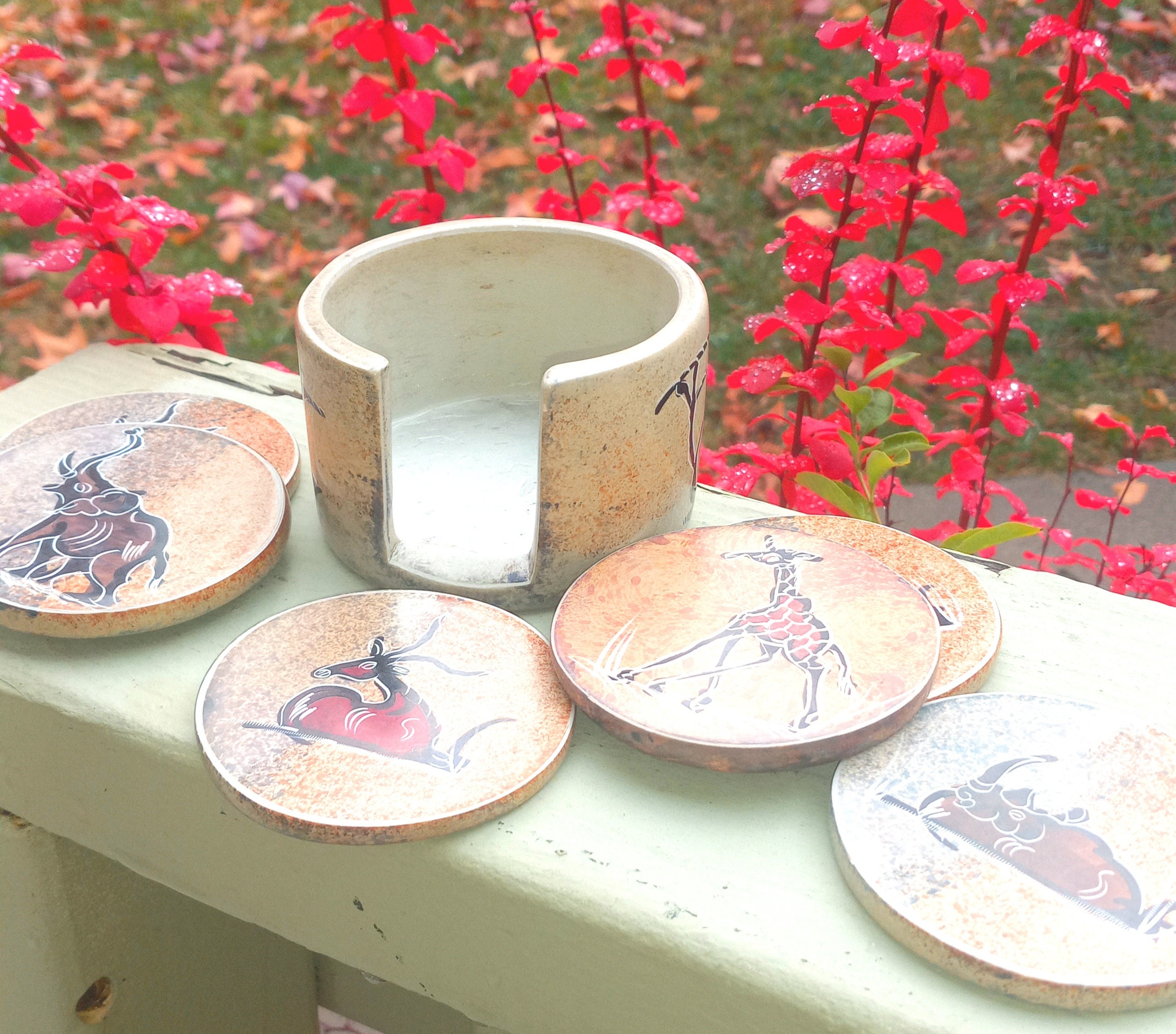 Set of 6 Soapstone Africa Animals Scene Coasters With Soapstone Holder ...
