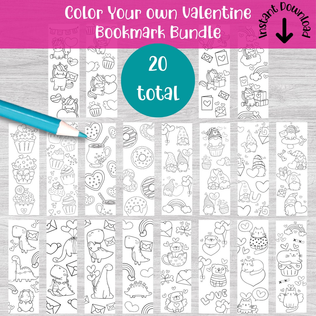 Color Your Own Printable Valentine's Bookmark Bundle, for Kid's ...