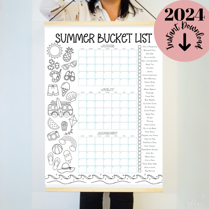 Kids Summer Bucket List Poster, Printable Coloring Poster, Summer ...