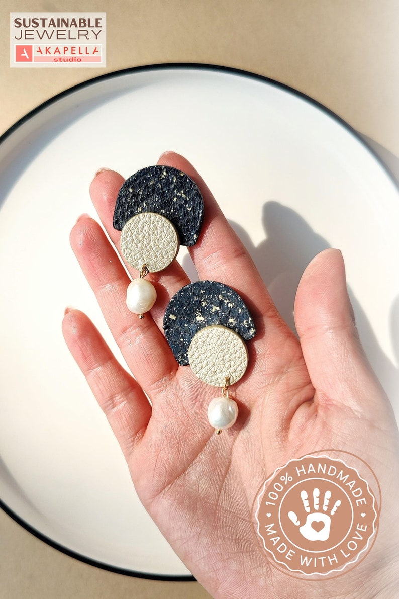 Salmon Leather Earrings, Fish Skin Earrings, Pearl Huggie Earrings ...